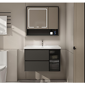 AmpleCharmic 24'' Medicine Cabinet Mirror, Barhroom Medicine Cabinet with LED Light, 3-Color, Dimmer, Defogger, Greywalnut