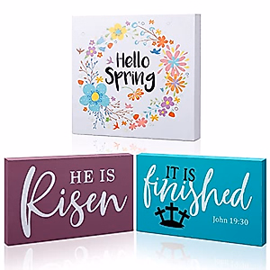 3 Pieces Easter He Is Risen Tiered Tray Decor Wood Table Sign Hello Spring Table Centerpiece Standing Decor It Is Finished Wood Tiered Tray Decoration for Easter Party Farmhouse Home Table Decor