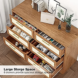 IDEALHOUSE Dresser for Bedroom with 6 Drawers, Burlap Design Wood Drawer Dresser Chest of Drawers for Closet, Living Room, Hallway, Nursery, Kids Bedroom, Caramel