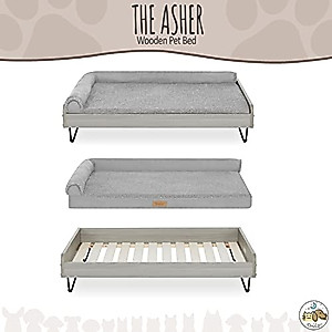 Wooden Dog Bed with Water Resistant Mattress, Large to Extra Large Elevated Pet Bed With Calming Mattress, Greenguard Gold Certified, Modern Dog Couch, Silver, Asher - TailZzz