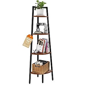 Yoobure 4-Tier Corner Bookshelf with Metal Frame - Ladder Display Shelf for Bedroom and Living Room, Tall Wood Corner Bookcase and Plant Stand