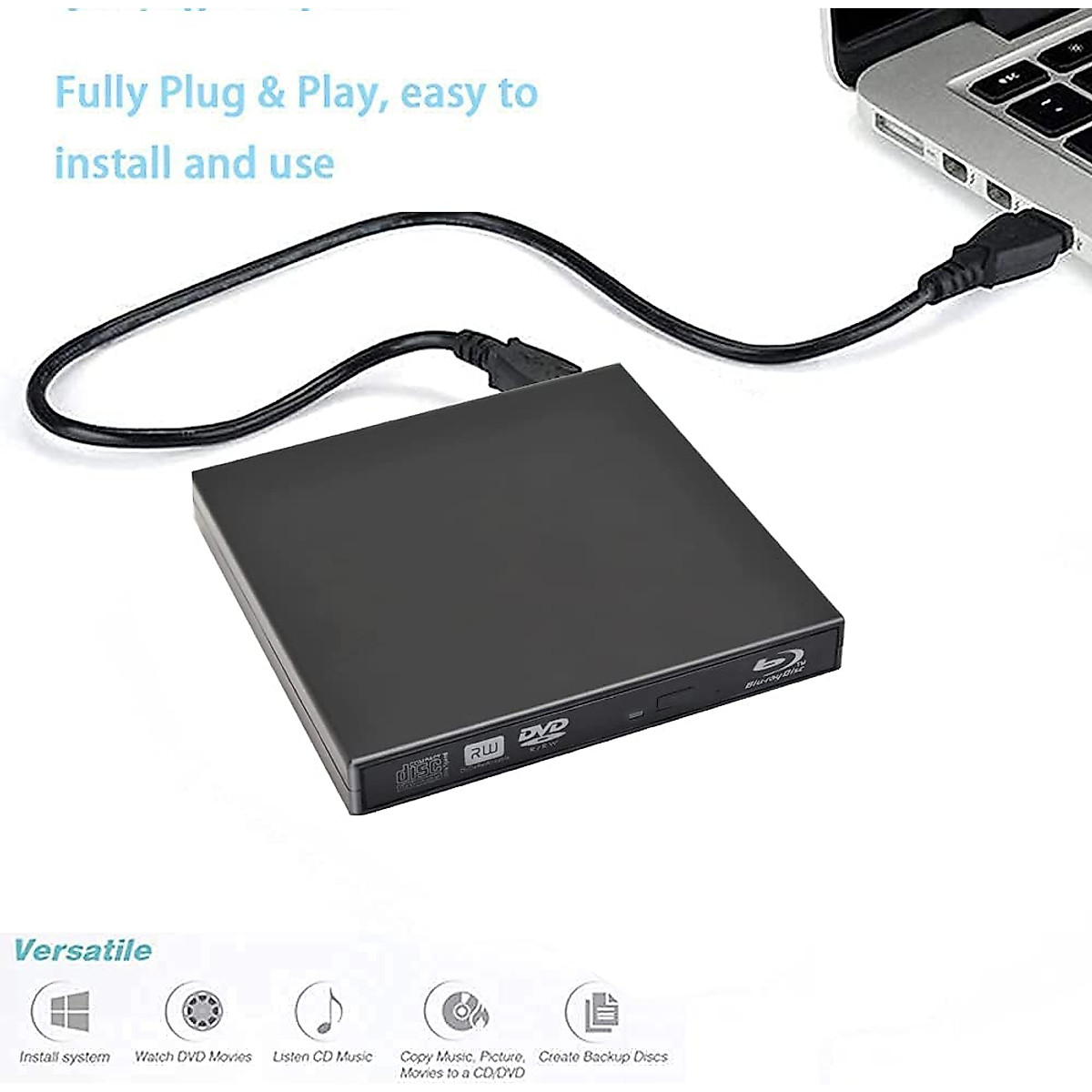 VSVABEFV External USB Blu Ray Drive, Ultra-Slim BD/CD/DVD-ROM CD/DVD-RW Blu Ray Burner Player Rewriter for Laptop/MacBook/Desktop, Portable Blu-Ray Drive Compatible with Windows XP/7/8/10/X MacOS