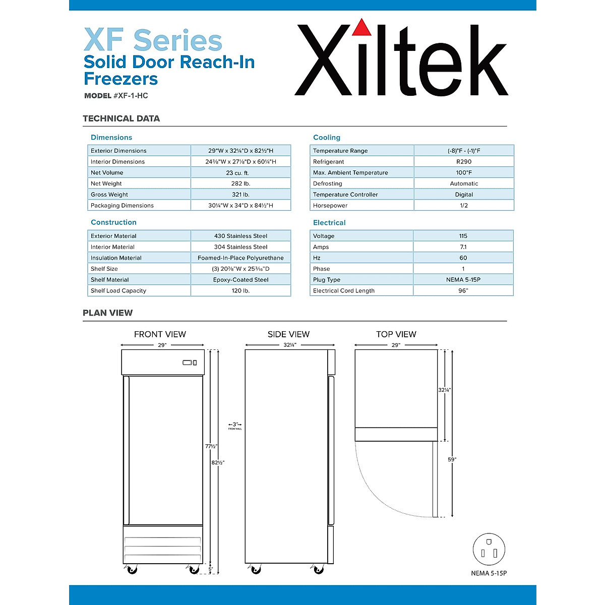 Xiltek 29" Commercial Freezer with Single Stainless Solid Door, 23 cu.ft Stainless Steel Reach-in Freezer for Restaurant, Bar, Shop, Food