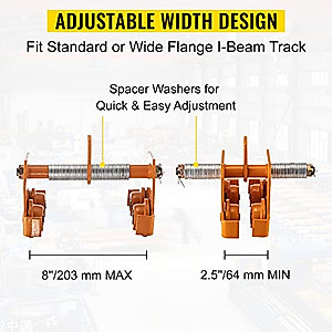 VEVOR 0.5 Ton Manual, 1100 LBS/0.5T Load Capacity Trolley, 2.5-8 inch Adjustable Width Push Beam with Dual Wheels, Orange