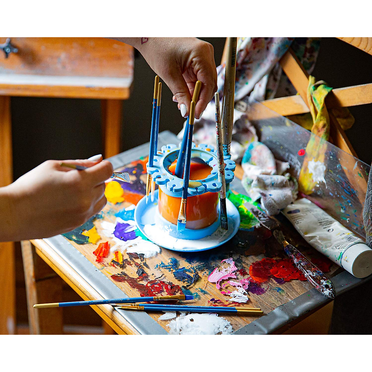 Paint Brush Cleaner Rinse Cup (All-in-One) Fine Art, Studio, Classroom | Brushes Holder & Silicone Cleaning System for Acrylic, Watercolor, and Water-Based Mediums (Mug, Blue)