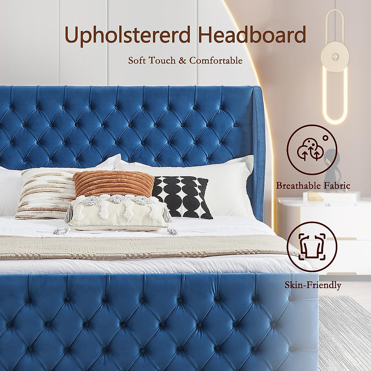 DUNTRKDU Queen Size Velvet Upholstered Platform Bed Frame with Button Tufted Headboard and Wingback, Wood Slat Support, No Box Spring Needed, Under Bed Storage (Blue)