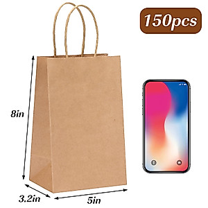 Moretoes 150pcs Brown Paper Bags, Small Paper Gift Bags with Handles, Kraft Bags, Gift Bags, Shopping Bags, Party Bags for Birthday, Wedding, Valentine's Day (5.2x3.5x8 Inches)