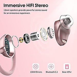 Wireless Earbuds, HiFi Stereo Sport Bluetooth 5.3 Headphones with Earhooks, 48H Deep Bass in-Ear Headphones with LED Display, Noise Cancelling, IP7 Waterproof Earphones Built-in Mic for Running (Rose)