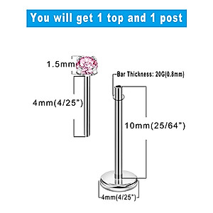 FANSING Tragus Piercing Jewelry Surgical Steel Cartilage Earrings 20g Threadless Nose Stud 10mm Lip Ring Push in Labret 1.5mm Pink CZ for Women Conch Helix Rook Flat Back