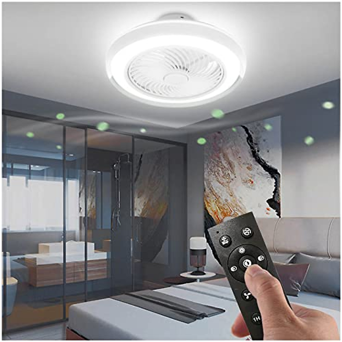 Low Profile Ceiling Fan with Lights Remote, 20" Enclosed Bladeless Ceiling Fan Flush Mount Ceiling Fan with 3 Colors LED Bladeless Ceiling Fan for Bedroom Living Room Kitchen Fan (Multi-3)