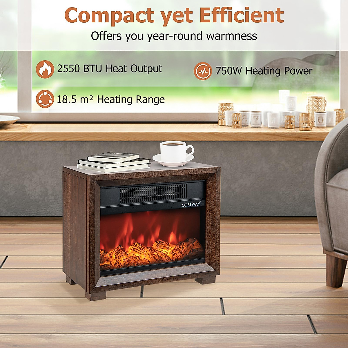 COSTWAY 13 Inch Small Electric Fireplace Heater, Mini Wooden Fireplaces Stove w/Vivid Flame Effect, Overheat Protection, 750W Portable Tabletop Fireplace for Indoor Use, Living Room, Bedroom, Brow