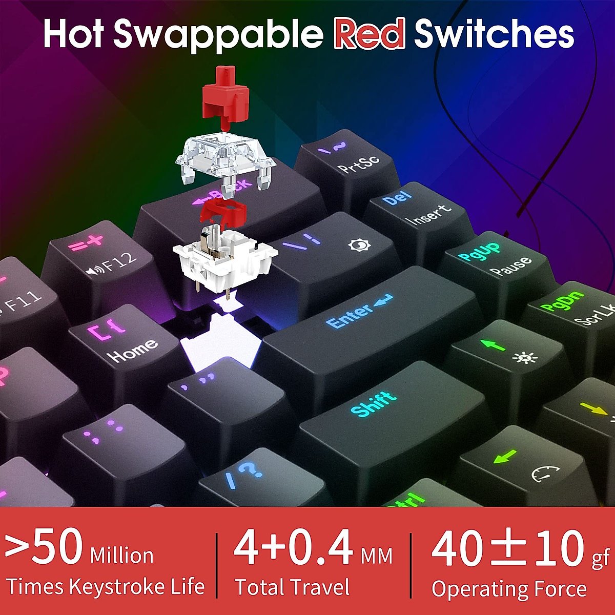 RK ROYAL KLUDGE RK68 (RK855) 65% Mechanical Gaming Keyboard, RGB Backlit Ultra-Compact 60% Layout 68 Keys Wired Keyboard, Hot Swappable Keyboard with Stand-Alone Arrow/Control Keys, Red Switch, Black