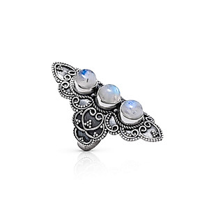 Koral Jewelry Moonstone 3 Stones Ethnic Vintge Gipsy Multi Stone Ring 925 Sterling Silver Vintage Tribal Gipsy Boho Chic (7)