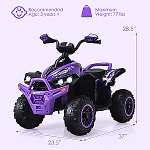 OLAKIDS Ride On ATV, 12V Kids 4 Wheeler Battery Powered Toy Car for Toddlers, Electric Rear Motorized Quad Vehicle for Boys Girls with LED Lights, Music, Horn, High Low Speed, Soft Start (Purple)