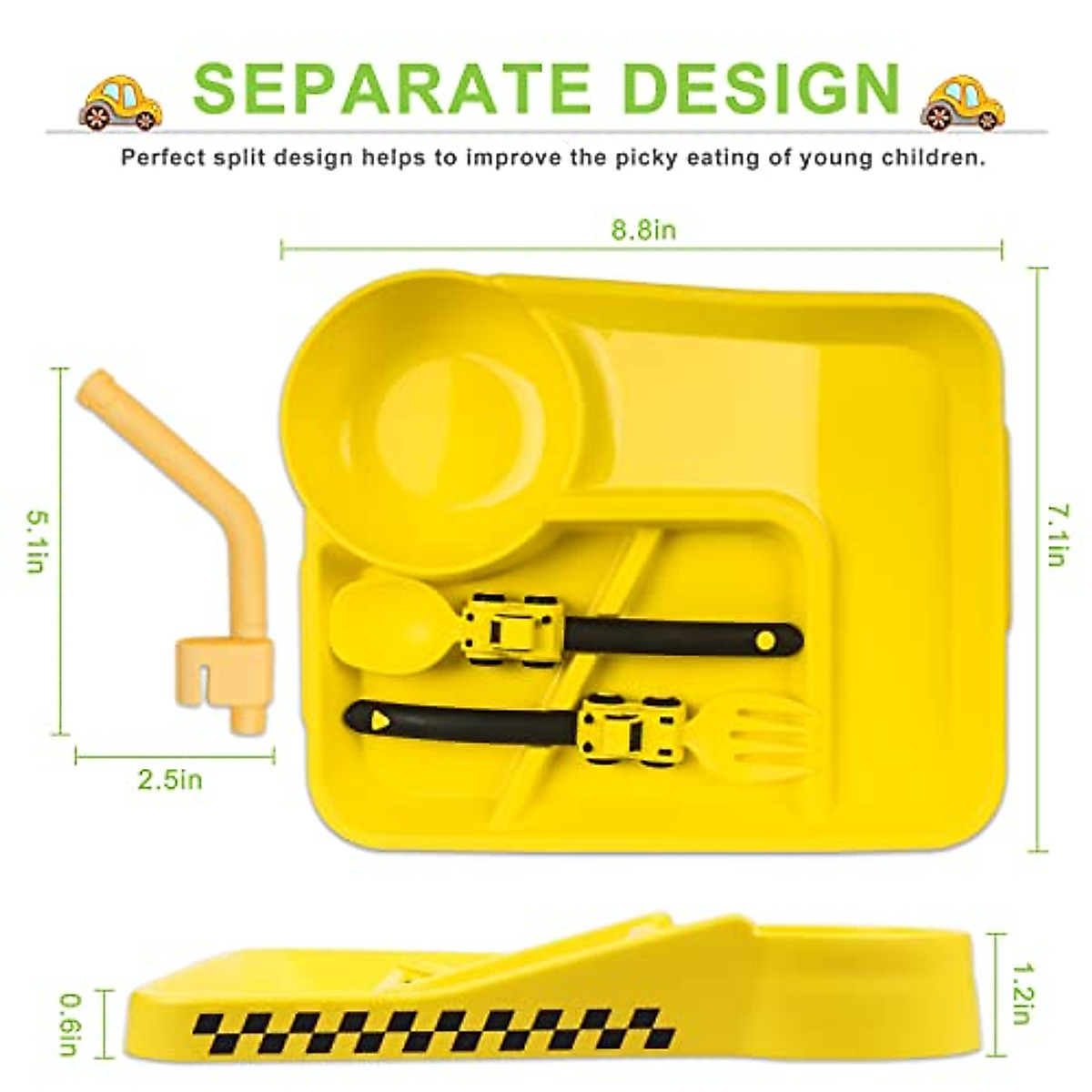 Toddler Plates - Toddler eating Utensil set with Spoon Fork and Removable Straw - Construction theme Toddler Utensils - Baby Plates Feeding set - Construction Plates and Cutlery - Yellow