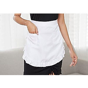 KUOIN Waist Apron Bonnet Set Colonial Apron Cap Ruffle Retro Maid Hat Apron With Pockets Cooking Kitchen Revolutionary Dress Up Cosplay (black)