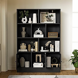 Anystyle Black 10 Cube Bookshelf, 4-Tier Bookcase Storage Cabinet with 3 Doors for Bedroom, Living Room