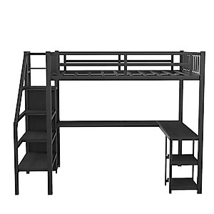 Full Size Loft Bed with Desk and Stairs Metal Full Loft Bed with Storage Wardrobe and Charging Station Adult Loft Bed with LED Lights and Adjustable Shelf for Kids Teens, Black