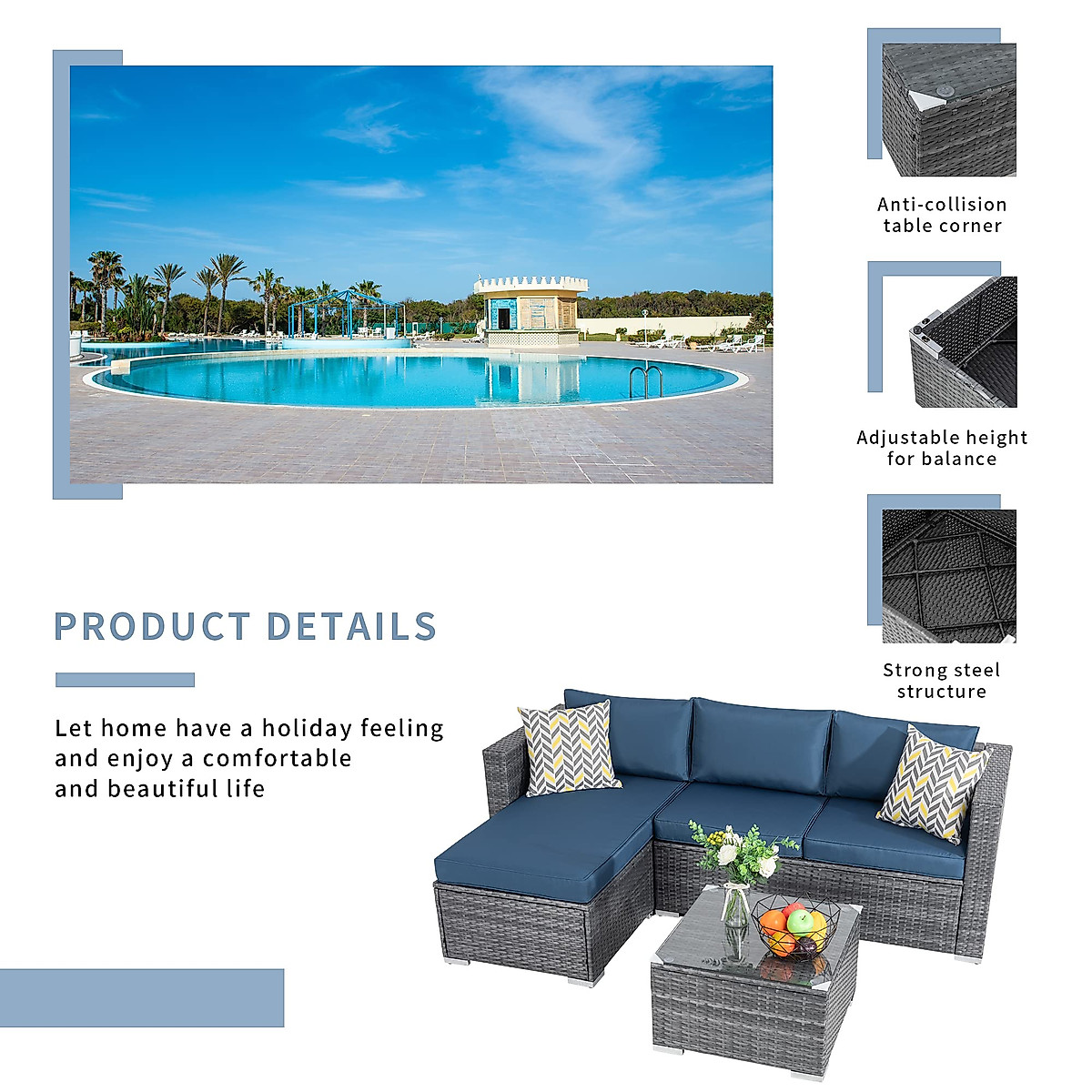 SUNLEI Outdoor Furniture Patio Sets,Low Back All-Weather Small Rattan Sectional Sofa with Tea Table&Washable Couch Cushions&Upgrade Wicker(Silver Rattan) (Aegean Blue)