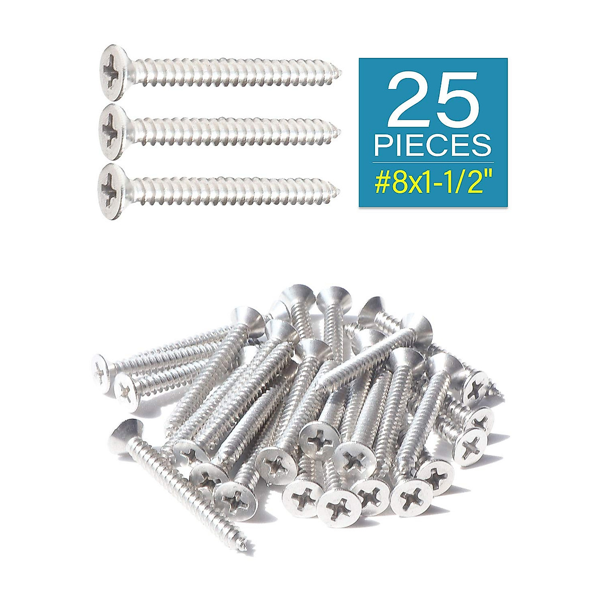 IMScrews 25pcs #8 x 1-1/2" (38mm) Stainless Flat Head Phillips Wood Screws 18-8 (304) Stainless Steel Countersunk Self Tapping Screws