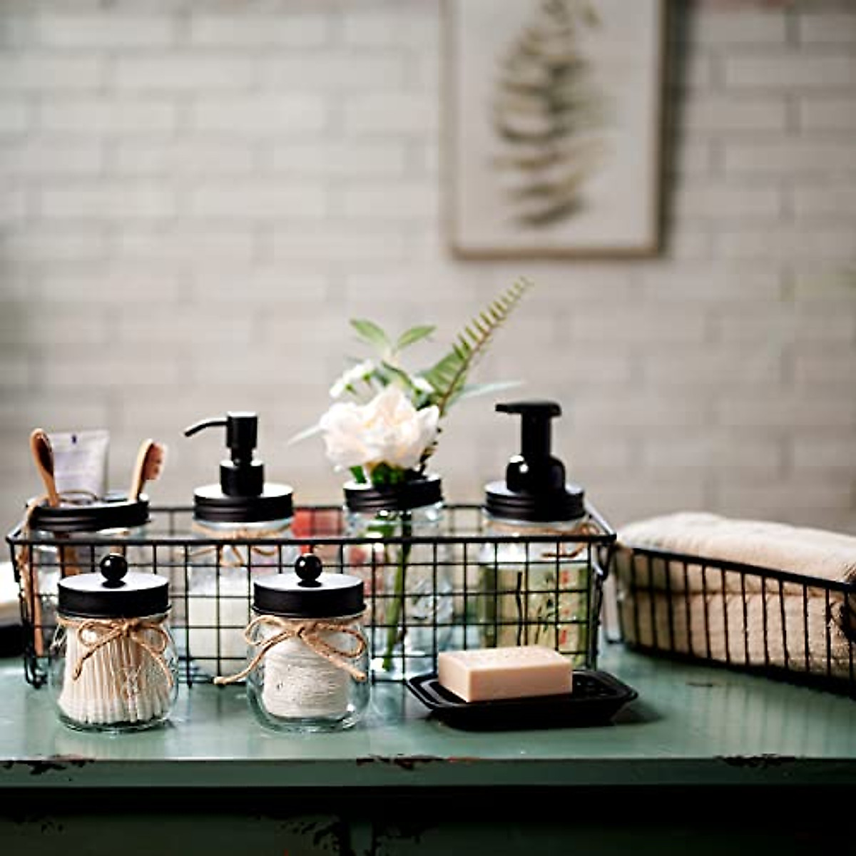 Mason Jar Bathroom Accessories Set(6PCS) - Foaming Soap Dispenser,Toothbrush Holder,Qtip Holder,Apothecary Jars, Soap Dish,Metal Wire Storage Organizer - Rustic Farmhouse Decor (Black)