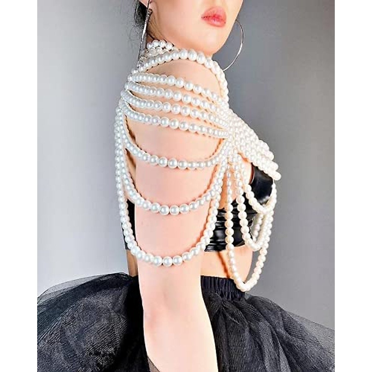 CCbodily Pearl Body Chain Bra - Fashion Shoulder Necklaces Jewelry(A-WHITE)