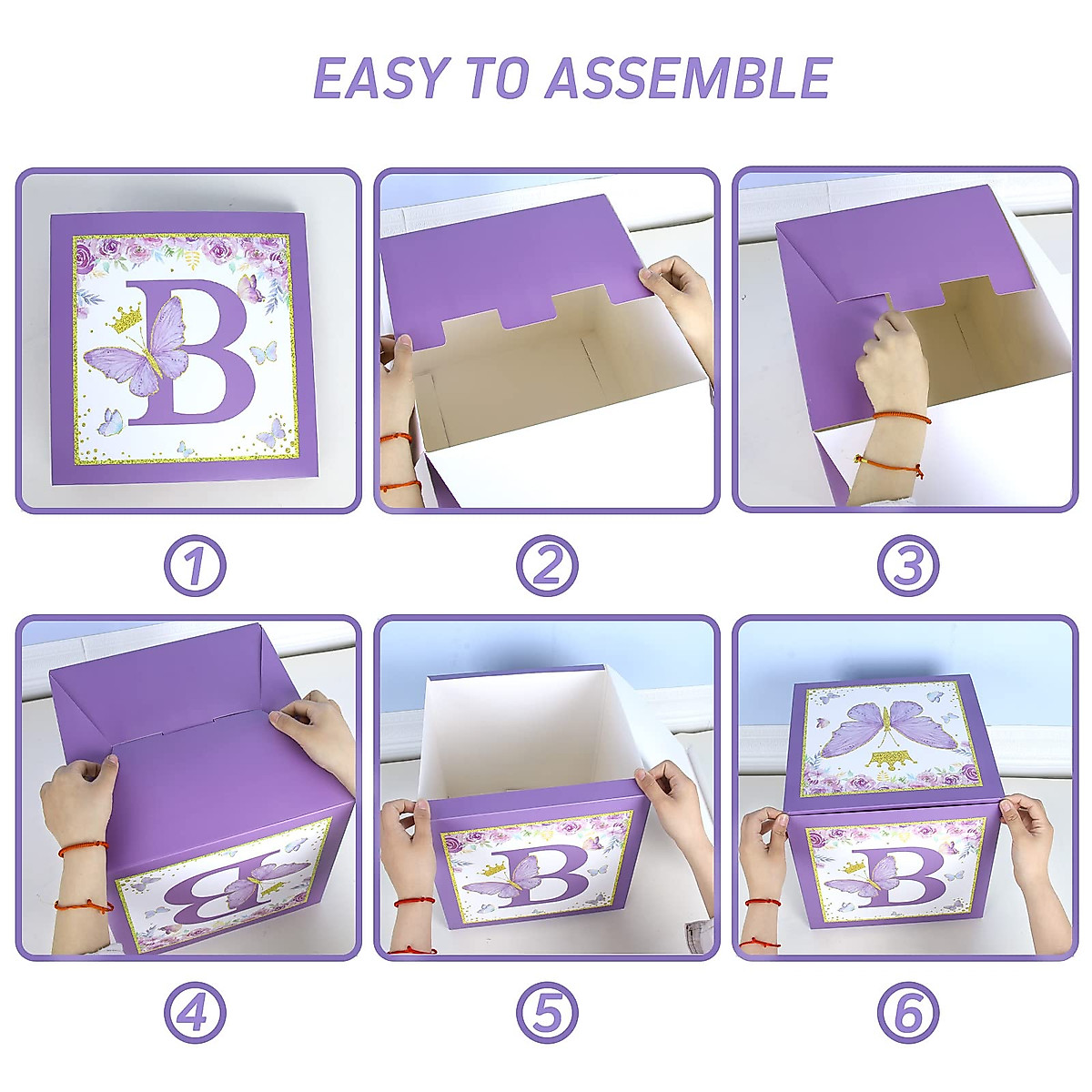 DataMoon Purple Butterfly Baby Shower Boxes Decorations - 4 Purple Balloons Boxes with BABY Letter, Printed Letters,First Birthday Centerpiece Decor, Baby Blocks for Girl, Gender Reveal Backdrop