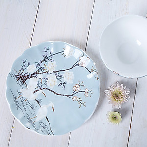 ufengke 8oz Blue Fine Bone China Coffee Cup with Saucer, White Flowers, White Crane Porcelain Tea Cup and Saucer