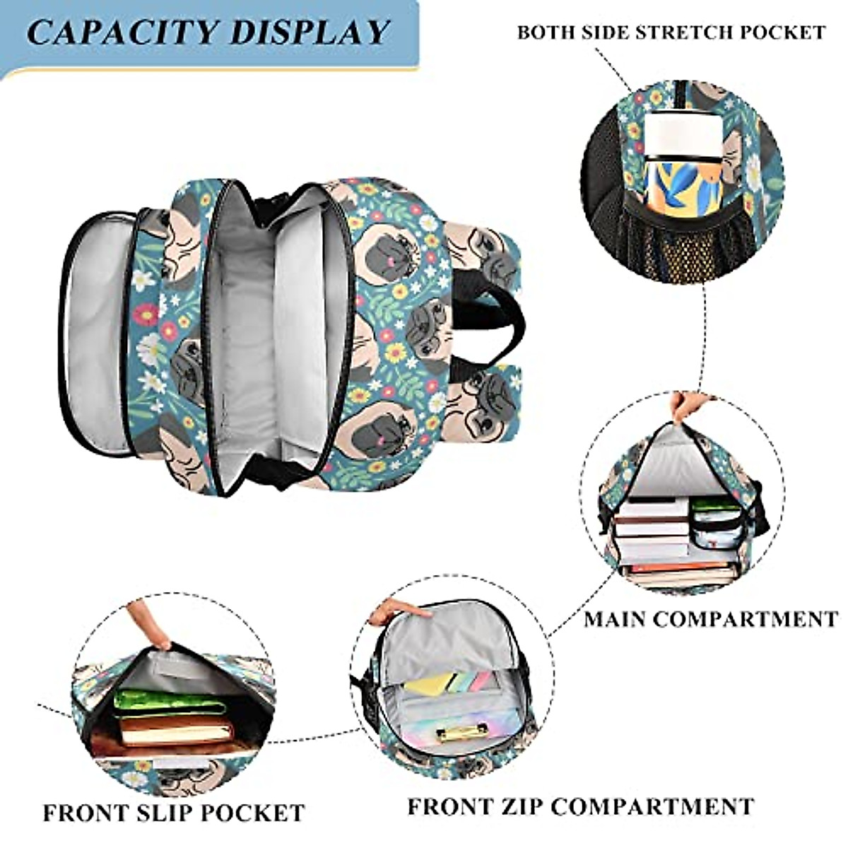 Glaphy Cute Pug Dog Floral Backpack School Bag Lightweight Laptop Backpack Student Travel Daypack with Reflective Stripes