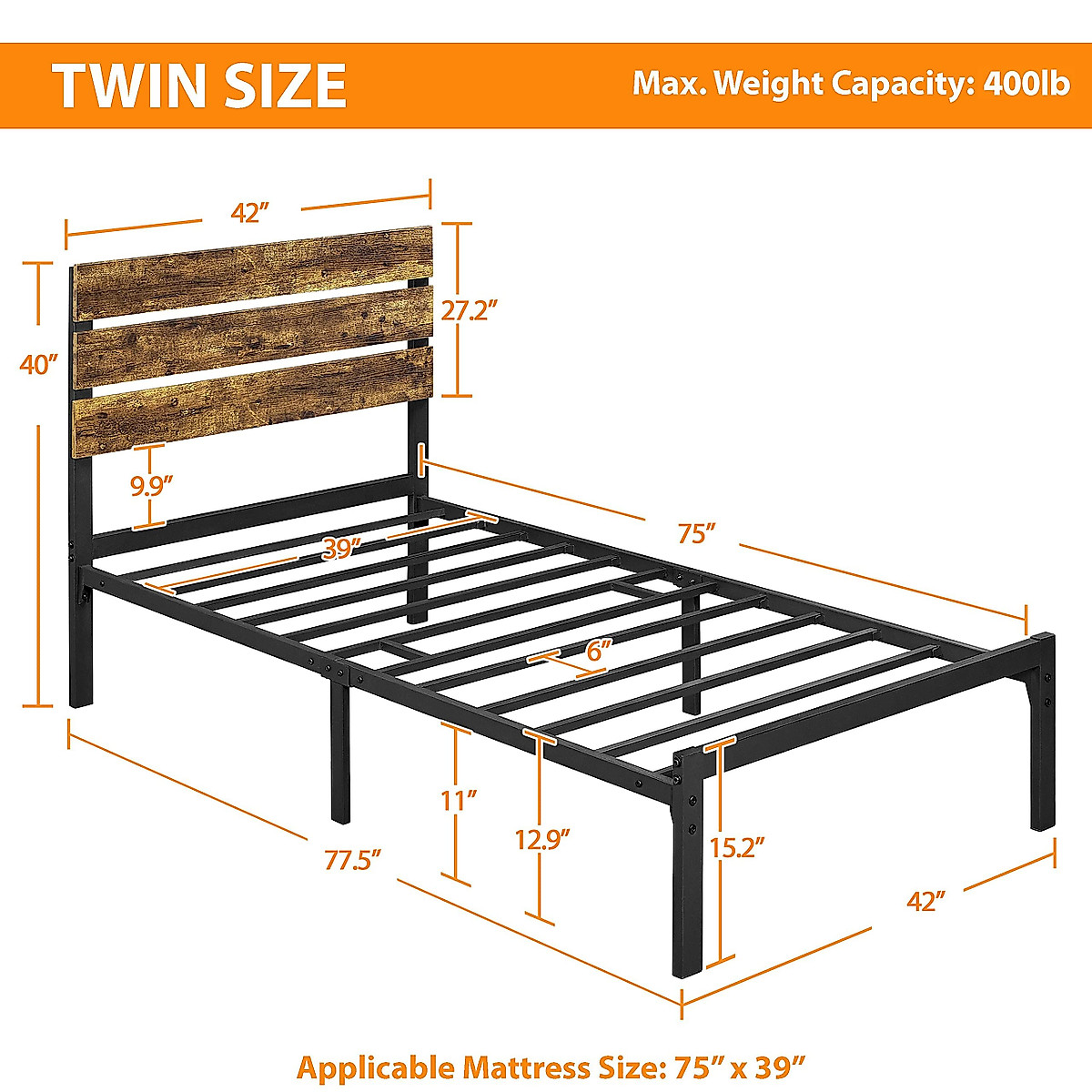 Yaheetech Twin Bed Frames Metal Bed with Modern Rustic Wooden Headboard, No Box Spring Needed/12'' Underbed Storage/Easy Assembly, Brown Twin Bed