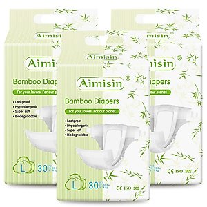 Aimisin Viscose from Bamboo Disposable Baby Diapers, Size 3 (19-30 Lbs) - 90 Count, Hypoallergenic for Sensitive Skin, Natural Soft Disposable Nappies for Infant