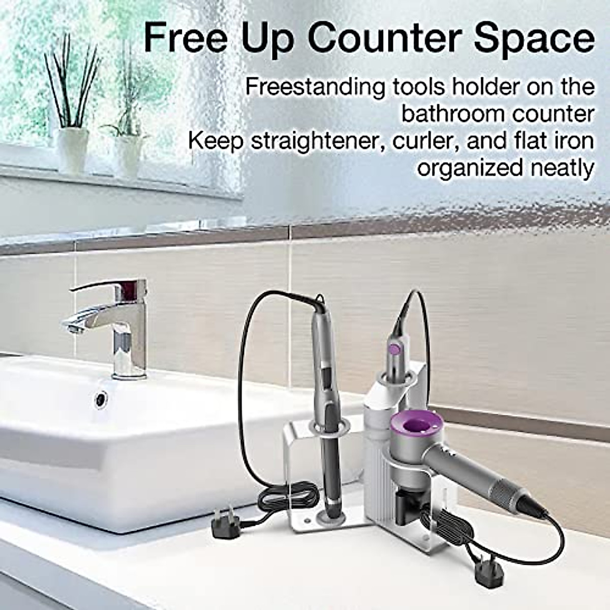 GREENTEC Foldable Hair Dryer Holder, 3 in 1 Hairstyling Tools Organizer, Curing Wand Stand, Heat Resistant Organizer for Flat Iron, Stainless Steel Holder for Bathroom, Cabinet, Salon Station