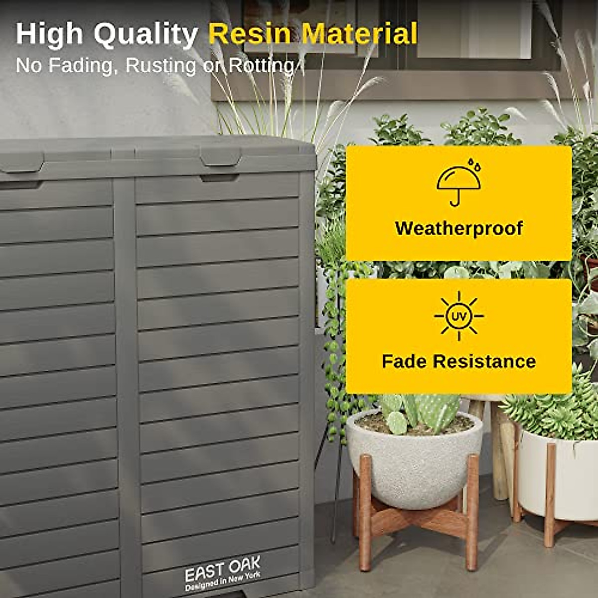 EAST OAK 76 Gallon Outdoor Trash Can | Waterproof Resin Garbage Can with Tiered Lid & Drip Tray | Outside Trash Bin for Patio | Kitchen, Backyard & Deck | Gray Color