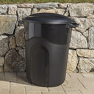 BMHSN 32 Gallon Heavy Duty Plastic Garbage Can, Included Lid, Indoor/Outdoor, Black