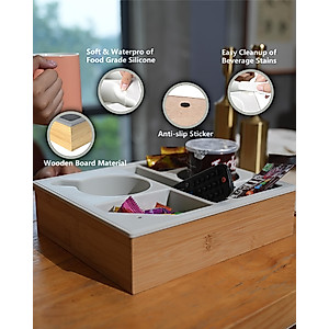 Hitseon Couch Cup Holder Tray, Handy Silicone Bamboo Couch Caddy with Rotatable Phone Holder for Bed Car Seat Organizer, Waterproof Anti-spill Sofa Cup Holder for Snacks Beverage Remote (Gray)