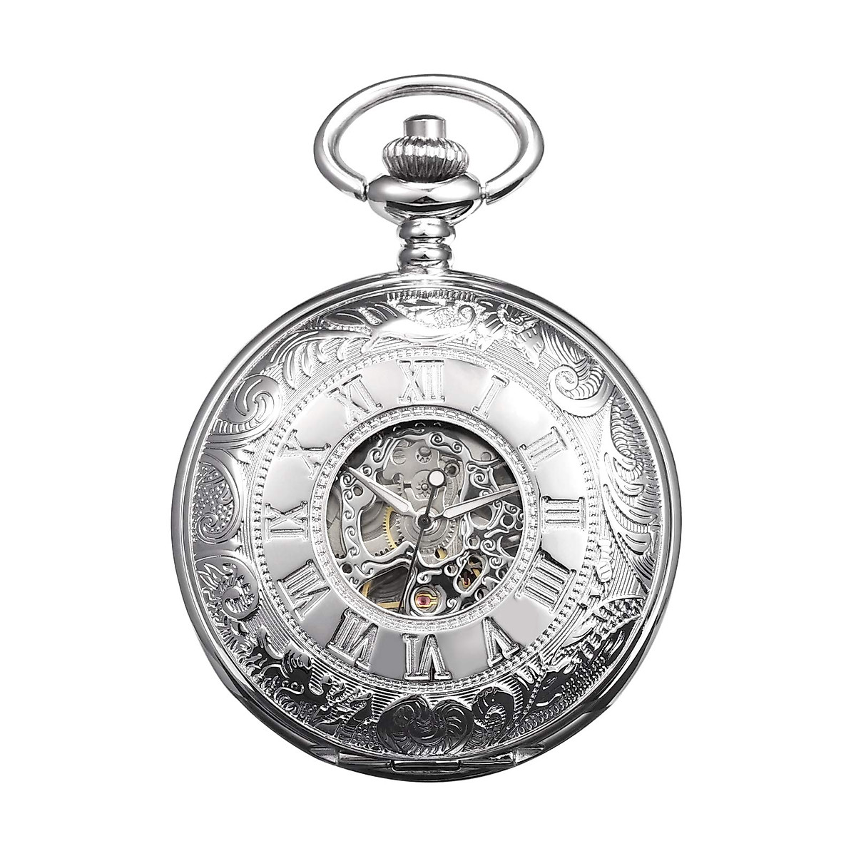 TREEWETO Men's Mechanical Skeleton Pocket Watch for Mens Women Roman Numerals Dial Silver Tone Double Case Pocket Watches