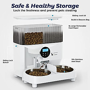 Sobralik Elevated Automatic Cat Feeder for Two Cats, 5L Dry Food Dispenser with Splitter and Two Stainless Bowls, 4 Meal Per Day and Portion Control, 10s Voice Recorder, Dual Power Supply