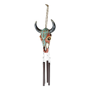 Ebros Gift Pack of 2 Rustic Western Faux Tooled Leather Ornate Bison Cow Skull with Turquoise and Ember Gems Decorative Wind Chimes Garden Patio Mobile Figurines Country Tribal Southwestern Accent
