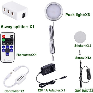 AIBOO Dimmable LED Under Cabinet Lighting, Counter Showcase Kitchen Lighting Fixtures with 12V Plug in adapter and Dimmable Wireless Remote Control, 6 Ultra Slim Puck Lights Kit (Warm White)