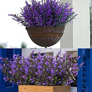 8 Bundles Outdoor Artificial Lavender Fake Flowers UV Resistant Plastic Plant, No Fade Faux Flower Plastic Greenery Shrubs Plants for Indoor Outside Porch Home Garden Window Box Decorating