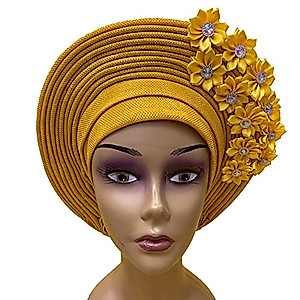 African Head Wraps Fashion Headbands Stones ASO Oke Auto Gele Headtie Already Made Women's Hats & Caps for Wedding Party. (Yellow)