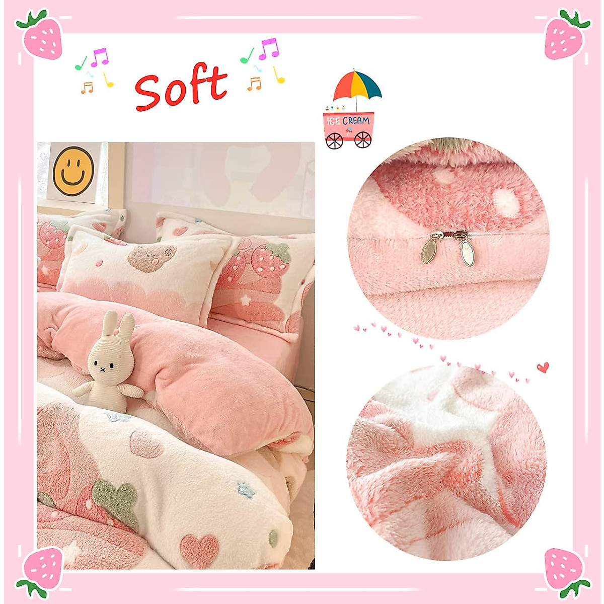 CinYana Pink Strawberry Duvet Cover Set Fluffy Kawaii Cartoon Comforter Cover Soft Kids Twin Size Bedding Set (Strawberry)