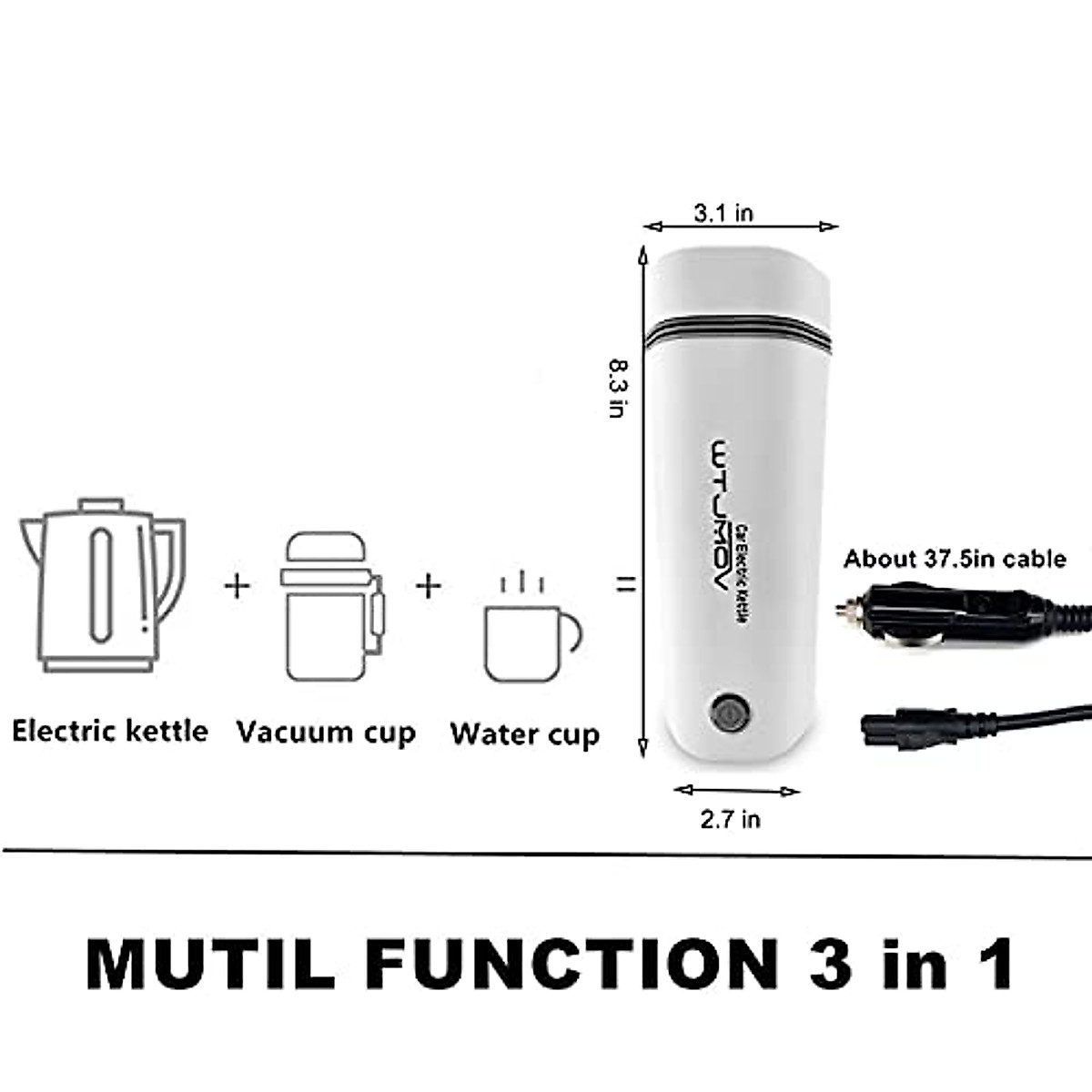 WTJMOV 12V Car Electric Kettle, Travel Portable Electric Tea Coffee Kettle Fast Water Boiler & Heater Automatic Shut-Off (White)