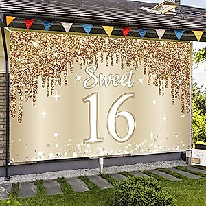 Happy Sweet 16th Birthday Banner Backdrop Decorations for Girls, Gold White Sweet 16 Birthday Sign Party Supplies, Sixteen Year Old Birthday Photo Booth Background Poster Decor(72.8 x 43.3 Inch)