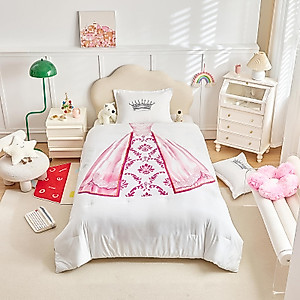 Girls Bed Comforter Set Twin Size 3PC Pink and White Princess Bedding Set with Cute Luxurious Dress Pattern on Comforter and Princess Crown Print on Pillow Shams