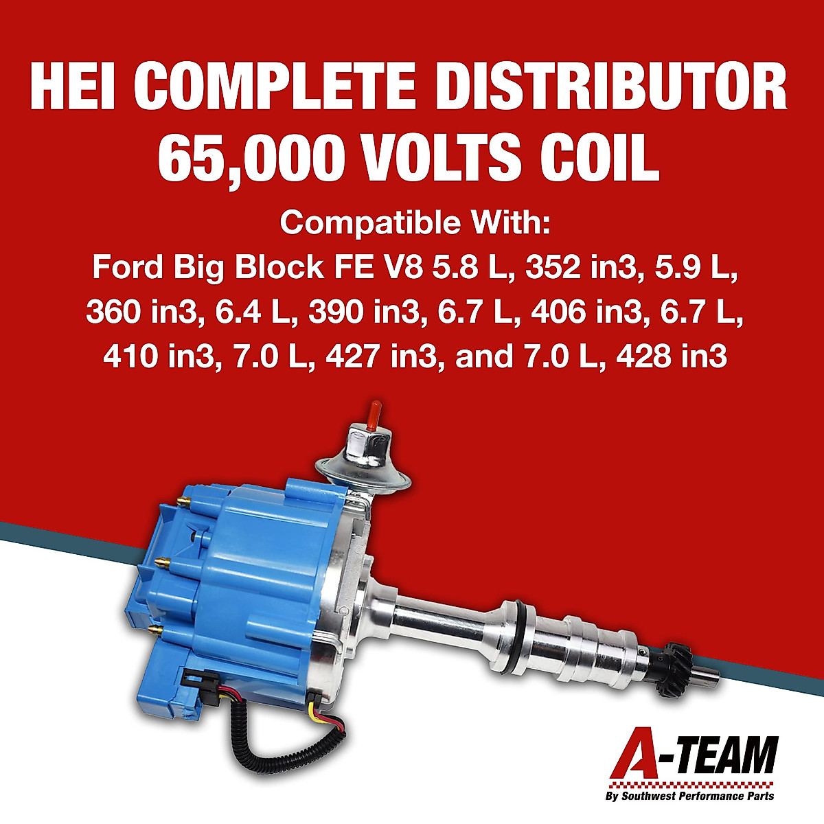 A-Team Performance - HEI Complete Distributor 65,000 Volts Coil - Compatible With Big Block Ford FE V8 352 360 390 406 410 427 428 One-Wire Installation Blue Cap