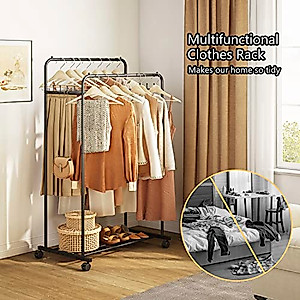Hoctieon Double Rod Garment Rack,Clothes Rack on Wheels,Portable Clothing Racks for Hanging Clothes,Closet Hanger Rack with Shelves Black