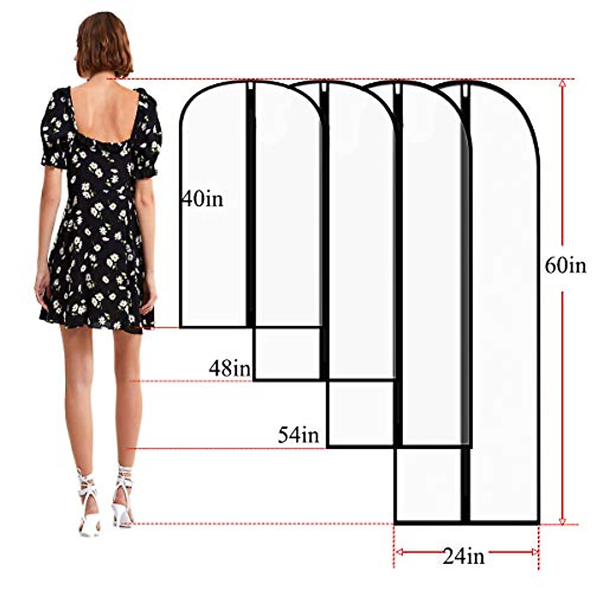 homeminda Extra Long Dress Garment Bags 60in Clear Hanging Lightweight Breathable Dust Cover with Study Full Zipper for Storage Clothes and Travel Pack of 6