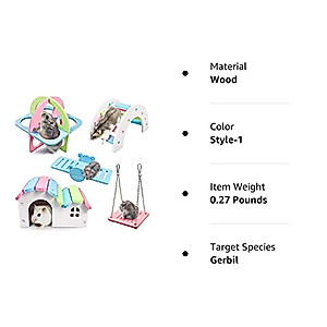 Dwarf Hamsters House DIY Wooden Gerbil Hideout Rainbow Bridge Swing and PVC Seesaw, Pet Sport Exercise Toys Set, Sugar Glider Syrian Hamster Cage Accessories, Suitable for Small Animal Habitat