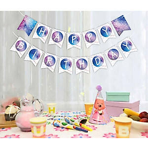 Pre-Strung Galaxy Stars Sky Birthday Banner, Ready to Hang Universe Space Bday Party Sign, Nebula Bunting